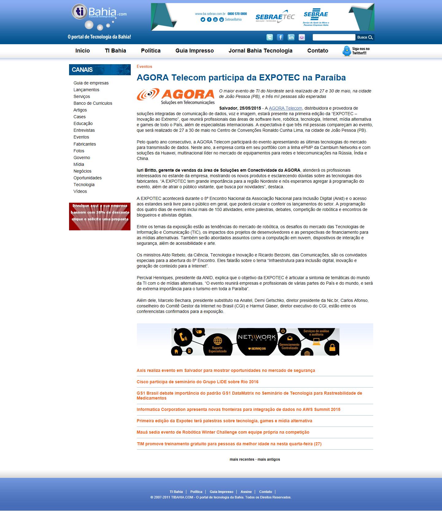 NIC.br - Na Mídia - AGORA Telecom participa da EXPOTEC na Paraíba