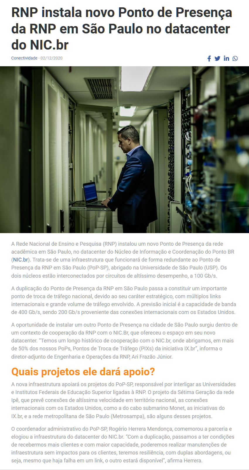 NIC.br - Na Mídia - RNP instala novo Ponto de Presença em São Paulo no ...