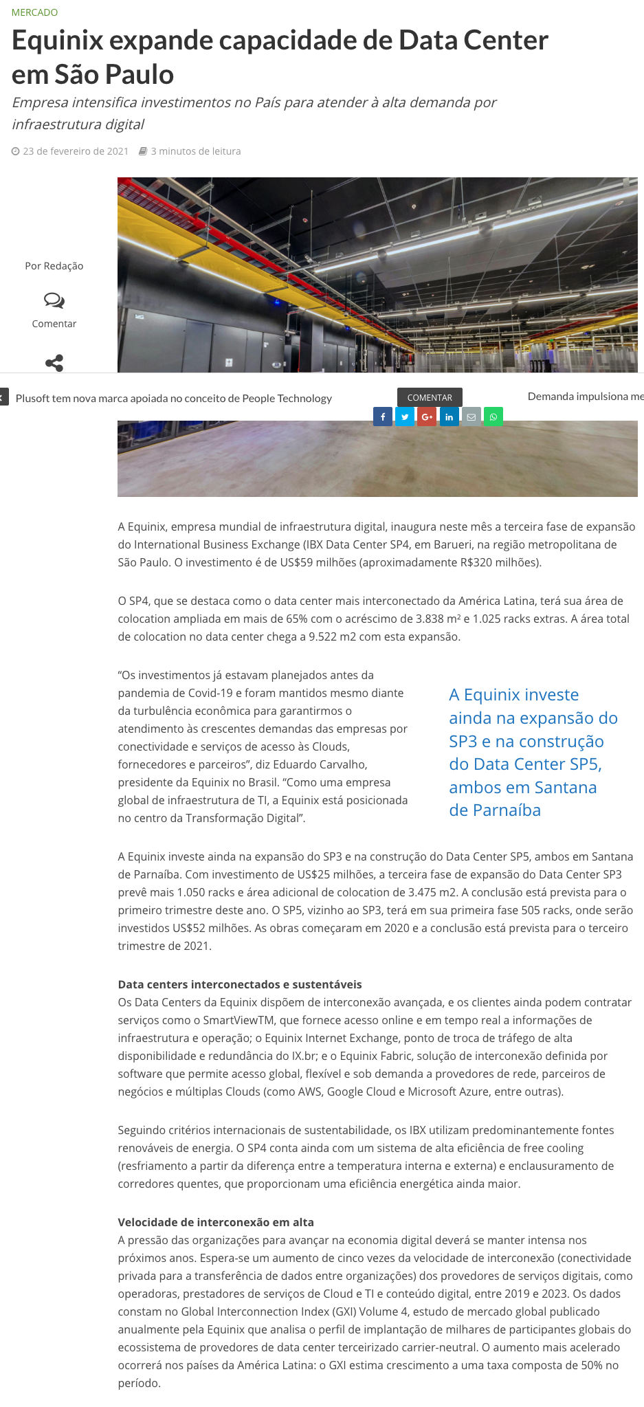 NIC.br - Na Mídia - Equinix expande capacidade de Data Center em São Paulo
