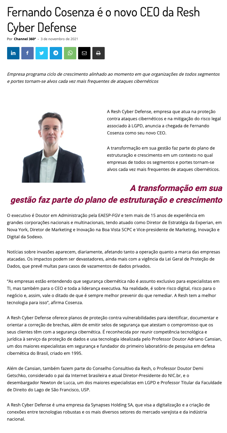NIC.br - Na Mídia - Fernando Cosenza é o novo CEO da Resh Cyber Defense