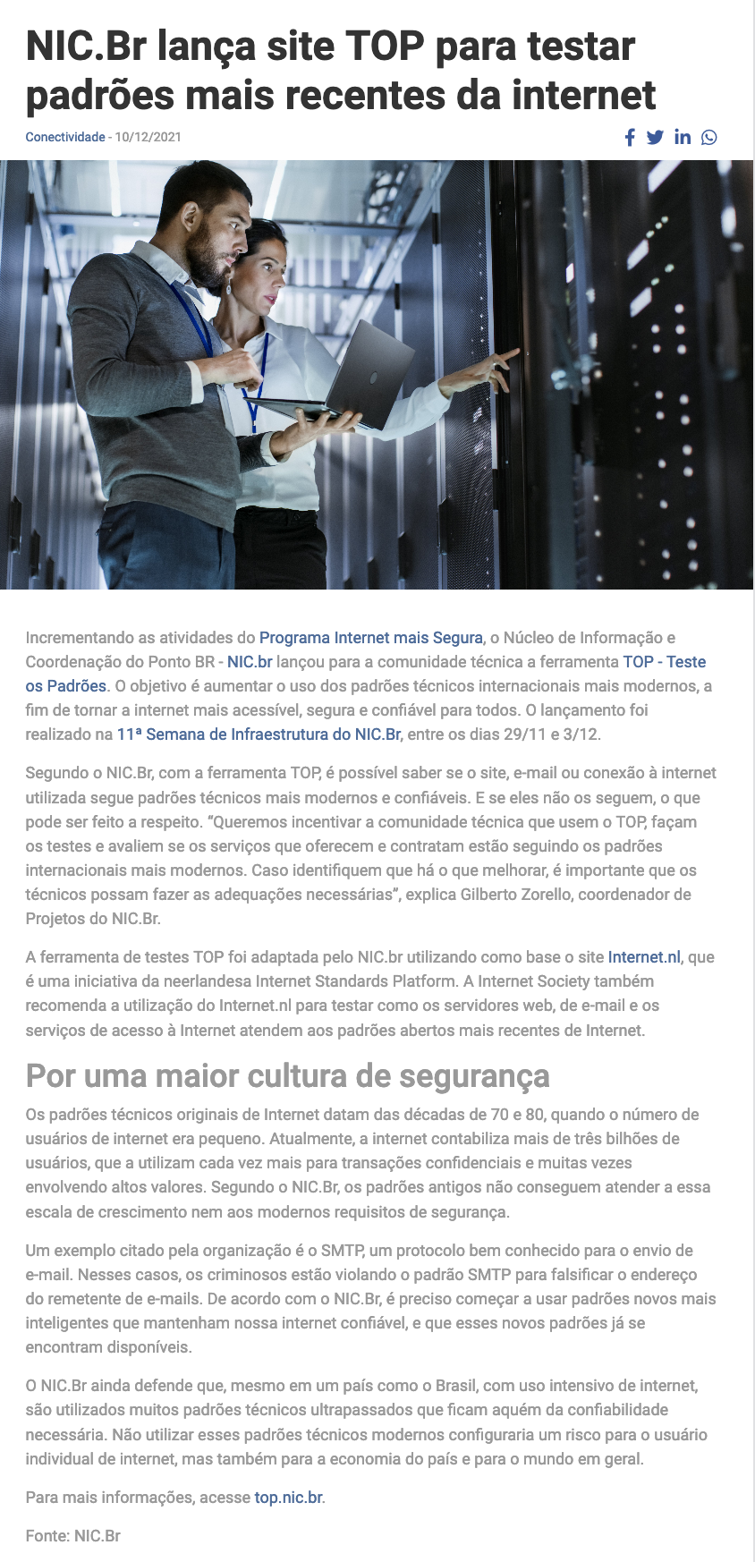 NIC.br - Na Mídia - NIC.br lança site TOP para testar padrões mais ...