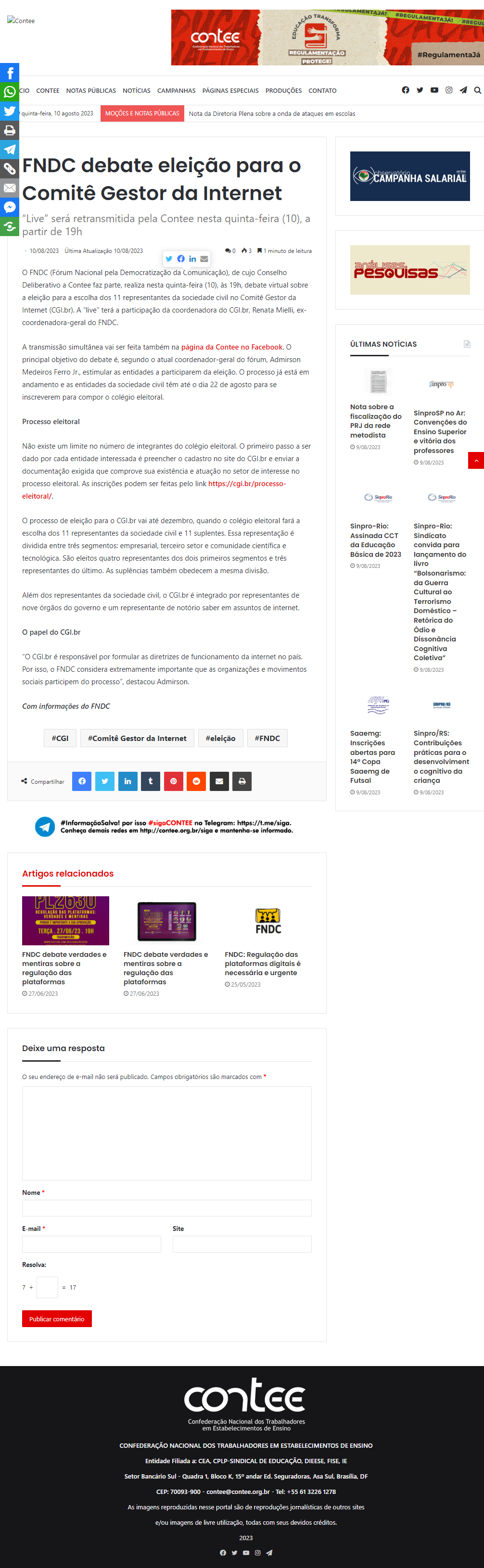 NIC.br - Na Mídia - FNDC debate eleição para o Comitê Gestor da Internet