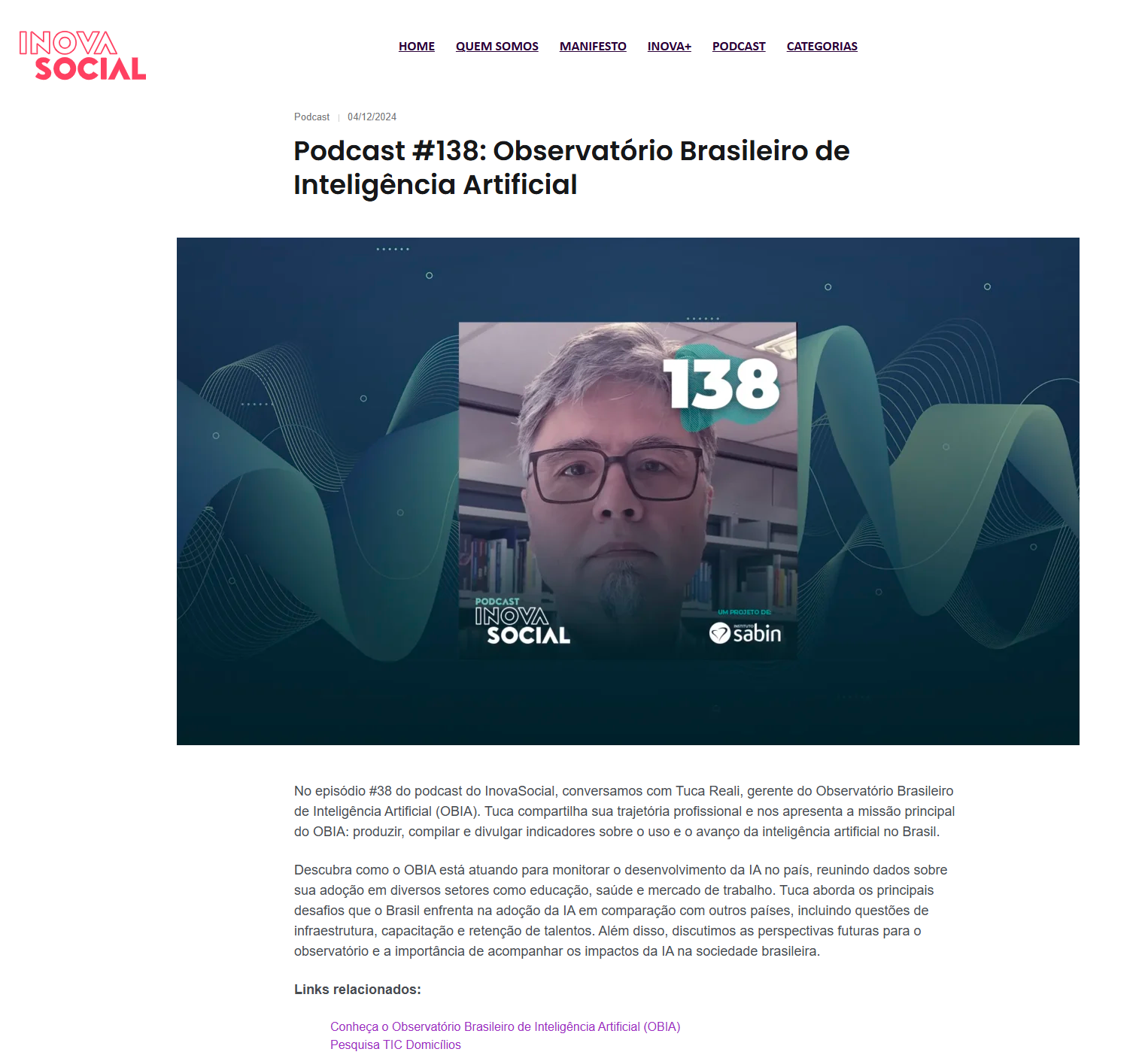 NIC.br - Na Mídia - OBIA é tema de episódio do podcast InovaSocial