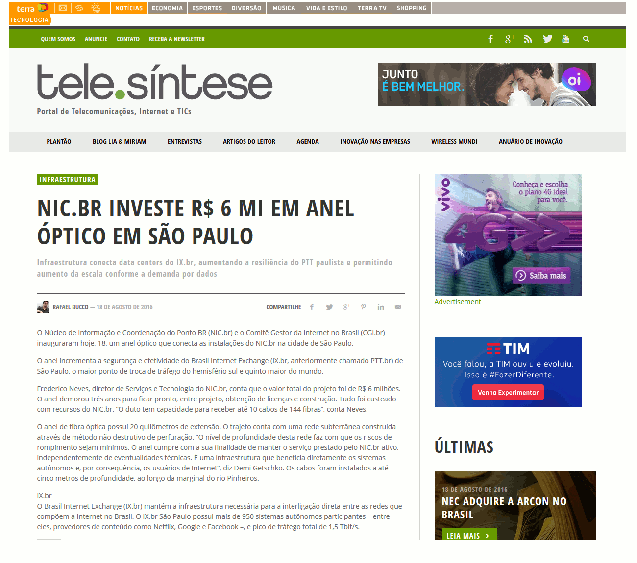 NIC.br - Na Mídia - NIC.br investe R$ 6 mi em anel óptico em São Paulo