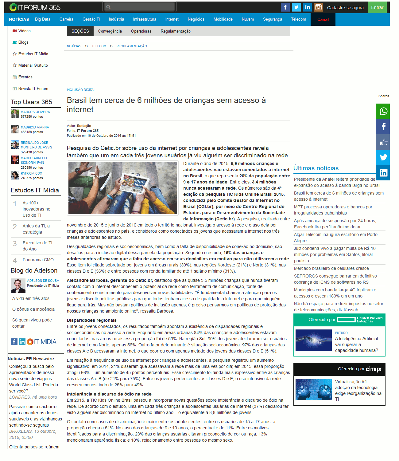 NIC.br - Na Mídia - Brasil tem cerca de 6 milhões de crianças sem ...
