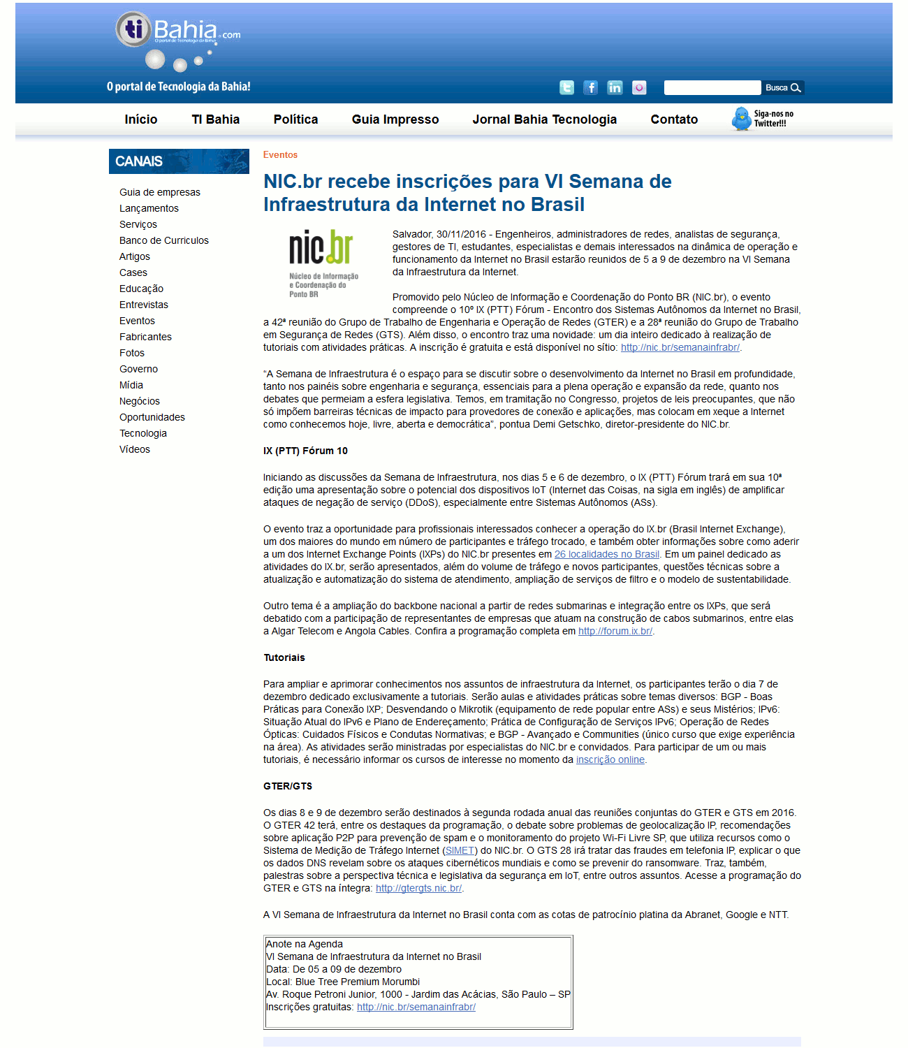 NIC.br - Na Mídia - NIC.br recebe inscrições para VI Semana de ...