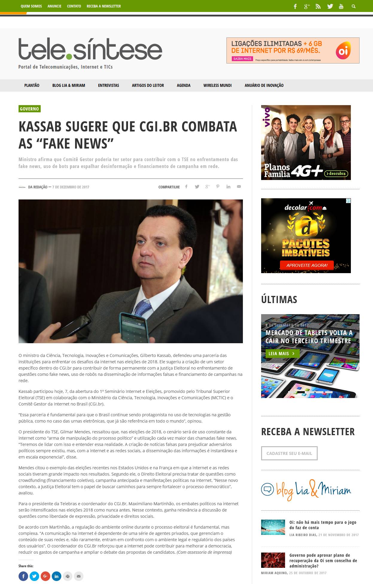 NIC.br - Na Mídia - Kassab sugere que CGI.br combata as “fake news”