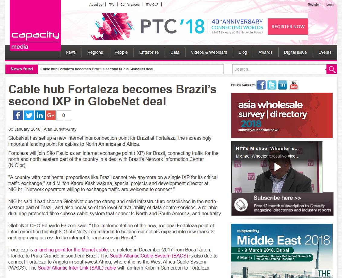 NIC.br - Na Mídia - Cable hub Fortaleza becomes Brazil’s second IXP in GlobeNet deal