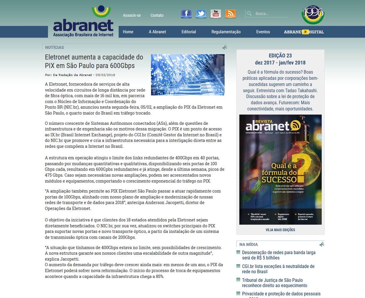 NIC.br - Na Mídia - Eletronet aumenta a capacidade do PIX em São Paulo ...