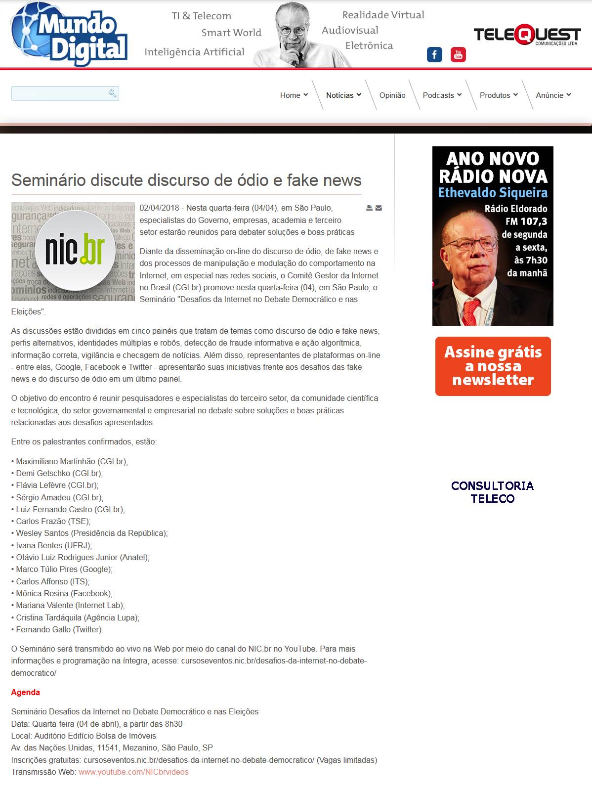 NIC.br - Na Mídia - Seminário discute discurso de ódio e fake news