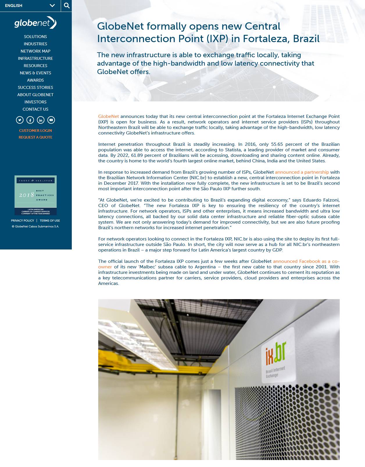 NIC.br - Na Mídia - GlobeNet formally opens new Central Interconnection Point (IXP) in Fortaleza ...