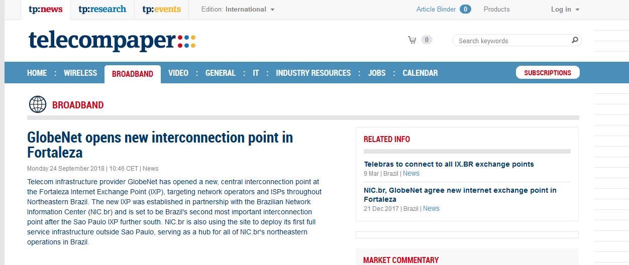 NIC.br - Na Mídia - GlobeNet opens new interconnection point in Fortaleza