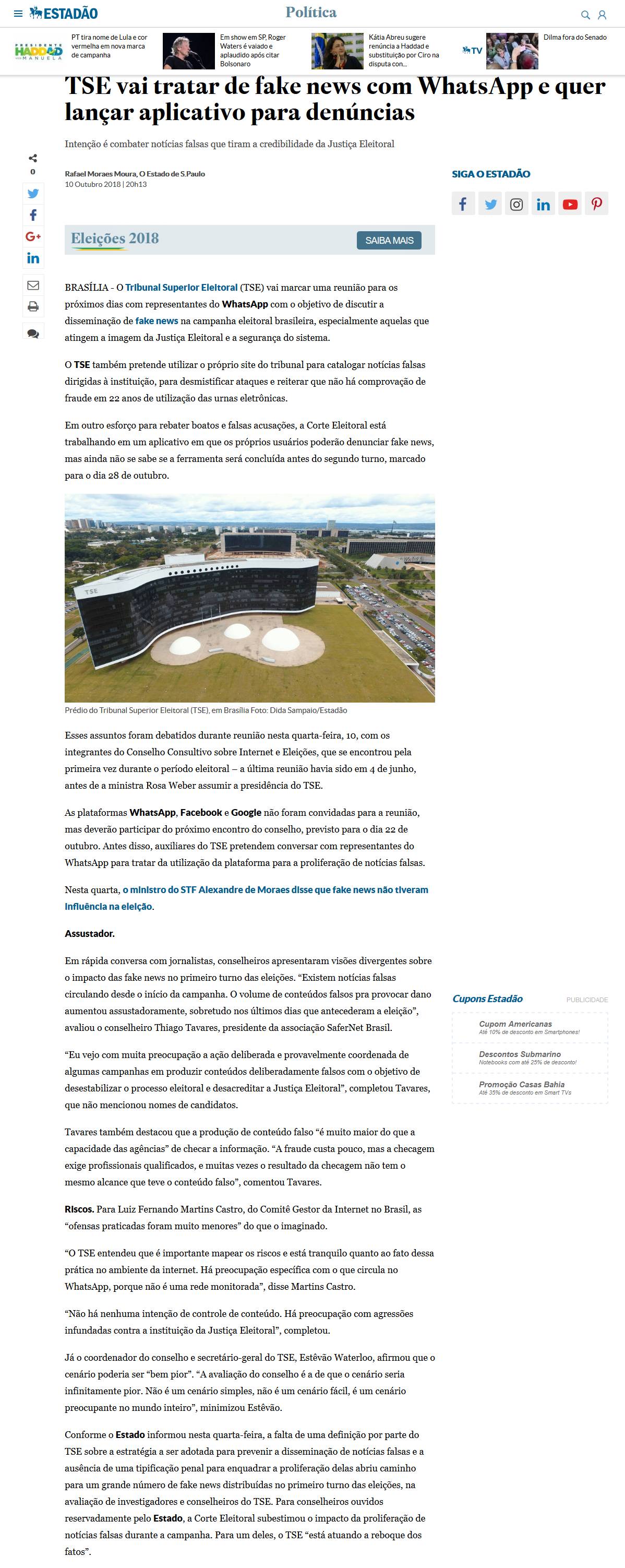 NIC.br - Na Mídia - TSE vai tratar de fake news com WhatsApp e quer ...