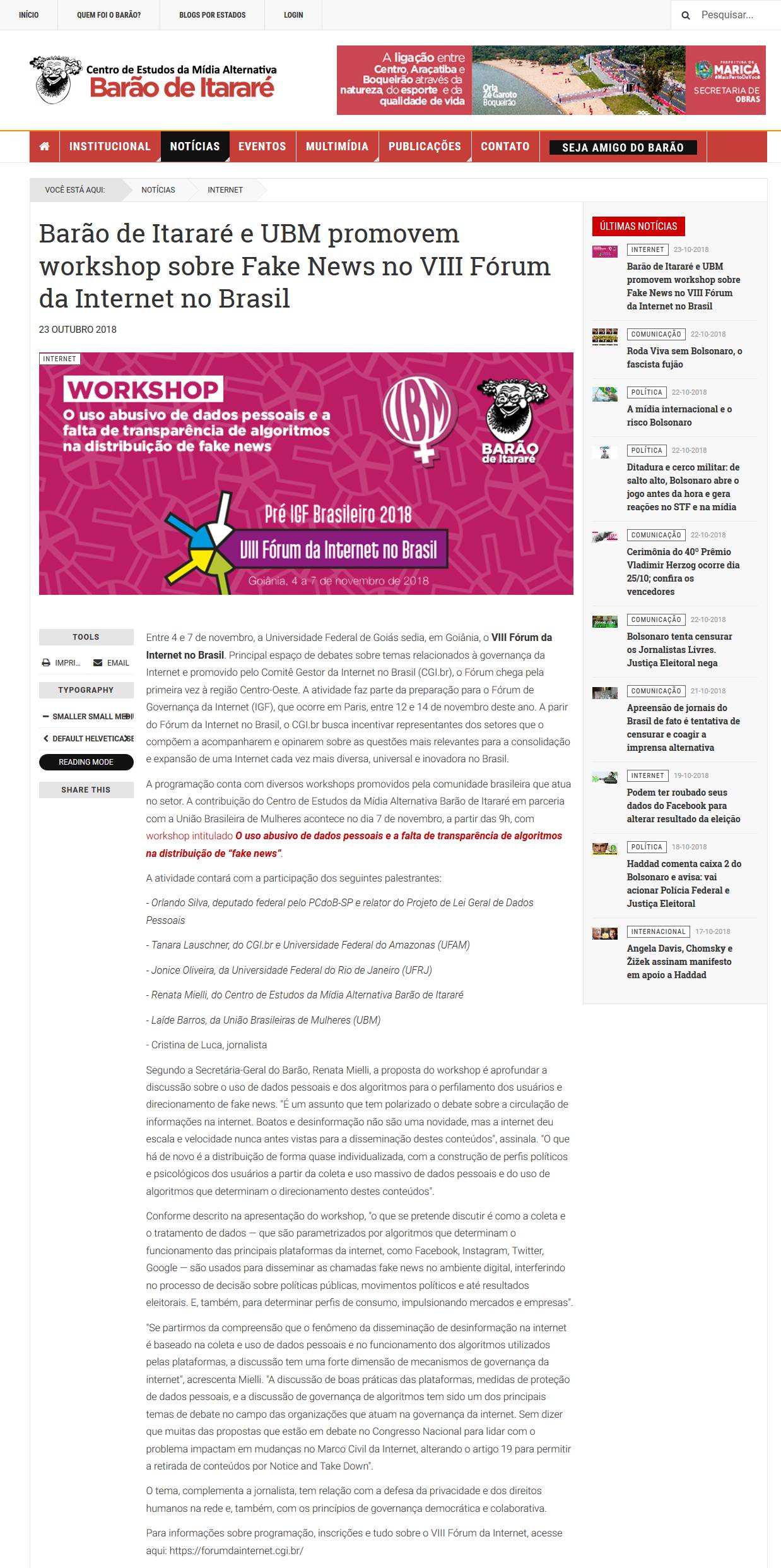 NIC.br - Na Mídia - Barão de Itararé e UBM promovem workshop sobre Fake ...