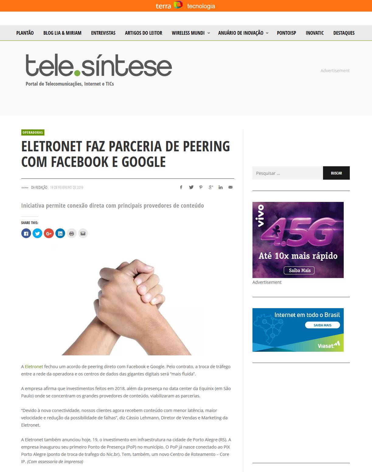 NIC.br - Na Mídia - Eletronet faz parceria de peering com Facebook e Google