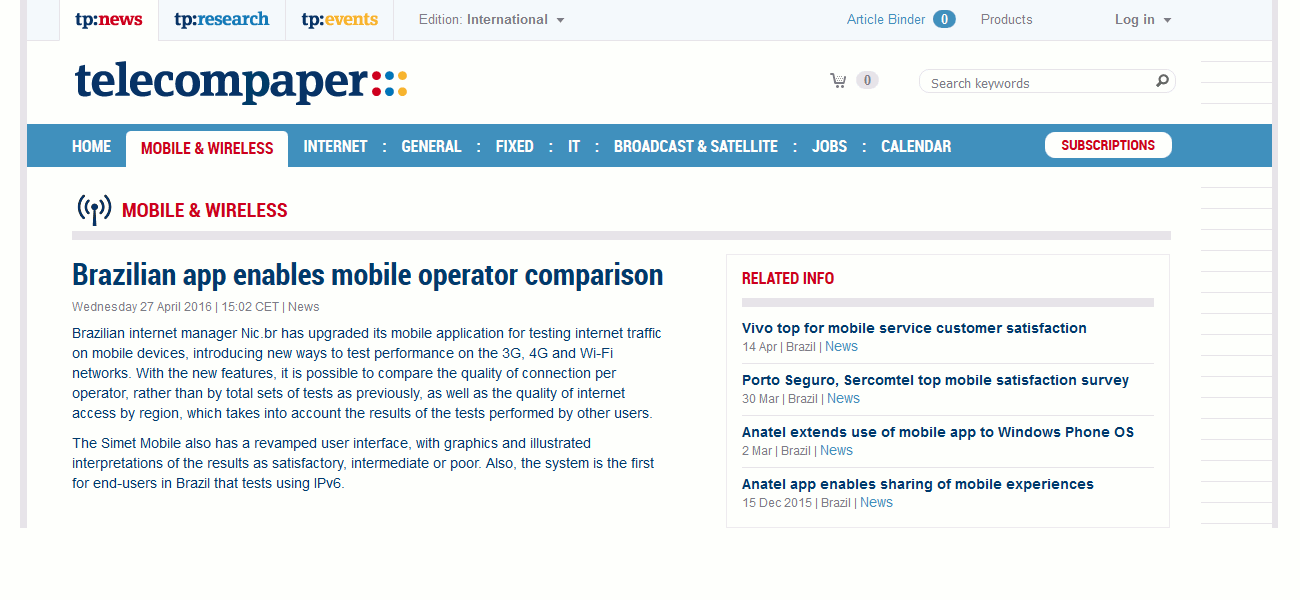 NIC.br - Na Mídia - Brazilian app enables mobile operator comparison