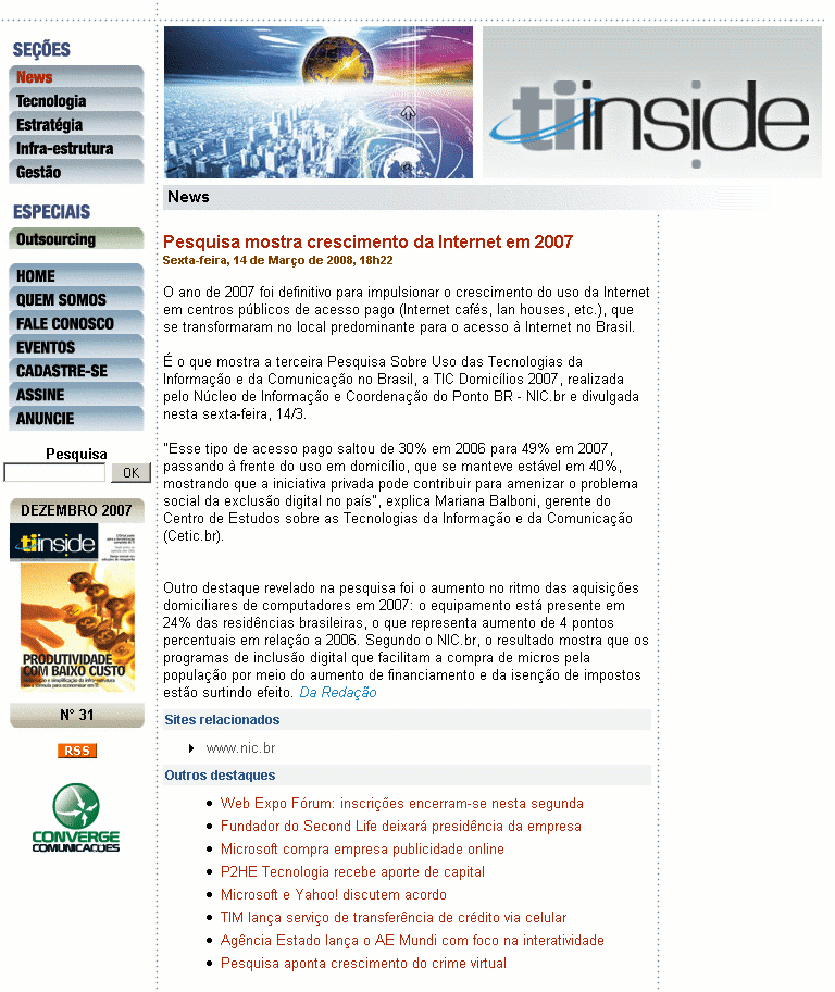 NIC.br - Na Mídia - Pesquisa mostra crescimento da Internet em 2007