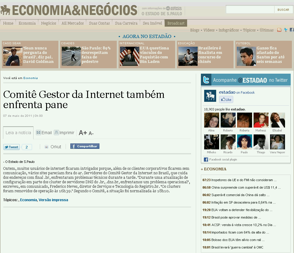 NIC.br - Na Mídia - Comitê Gestor da Internet também enfrenta pane