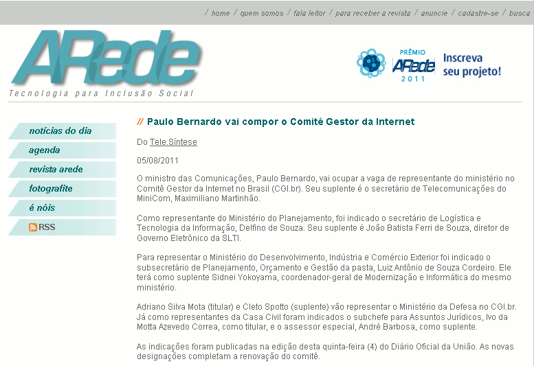 NIC.br - Na Mídia - Paulo Bernardo vai compor o Comitê Gestor da Internet